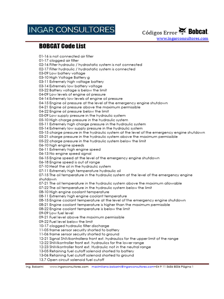 BOBCAT Code List (EN) | Download Free PDF | Engines | Switch
