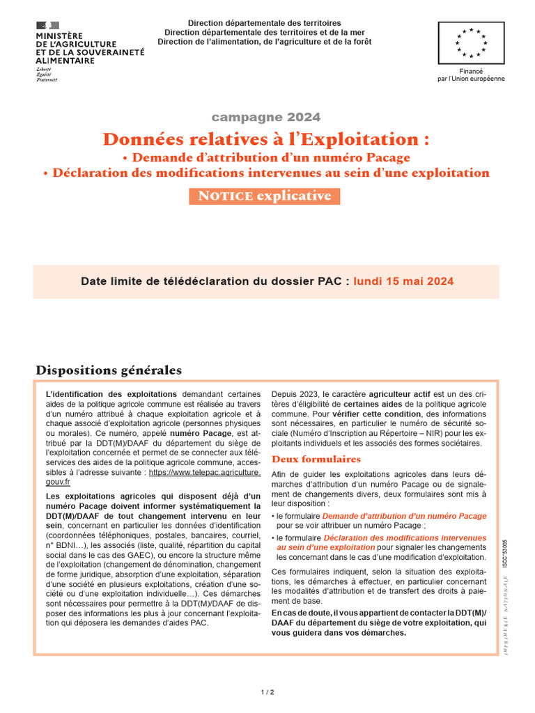 Exploitation - Modification Exploitation Ou Demande Numero Pacage - Notice | PDF | Politique ...
