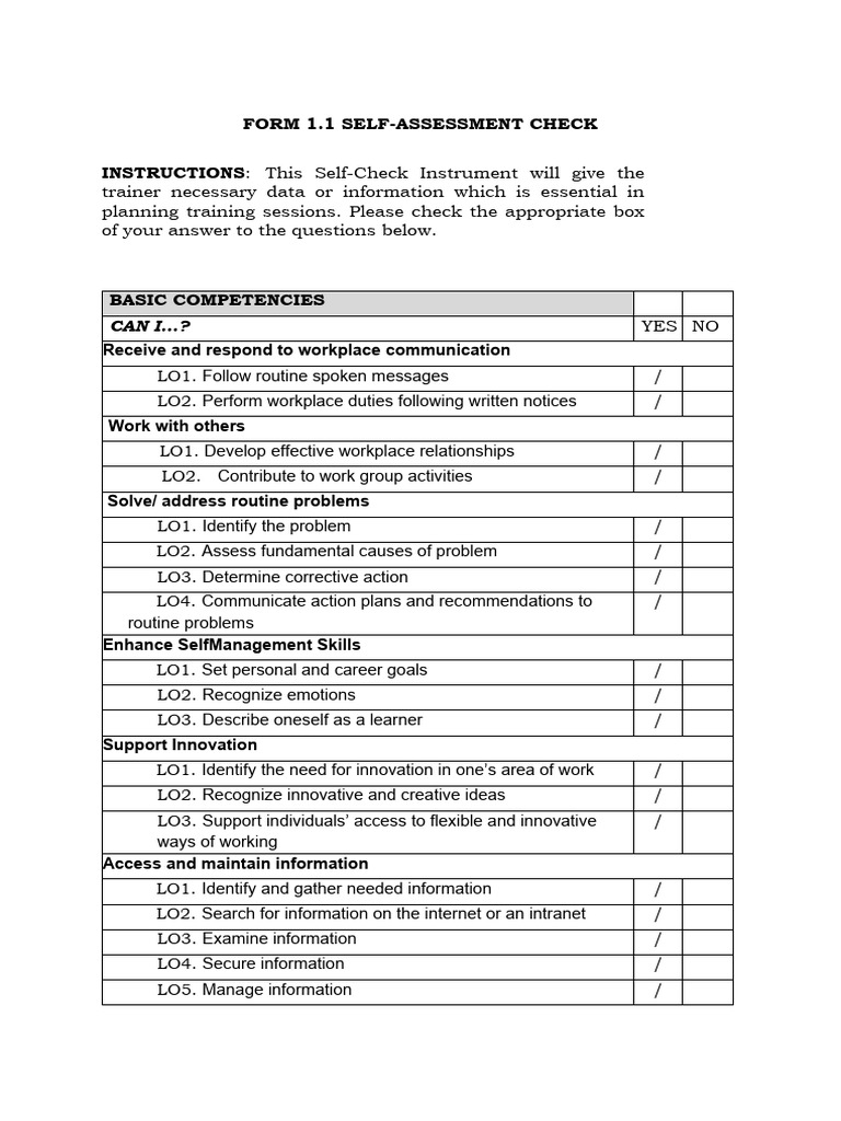 Form 1.1 Self-Assessment Check | PDF | Occupational Safety And Health | Patient