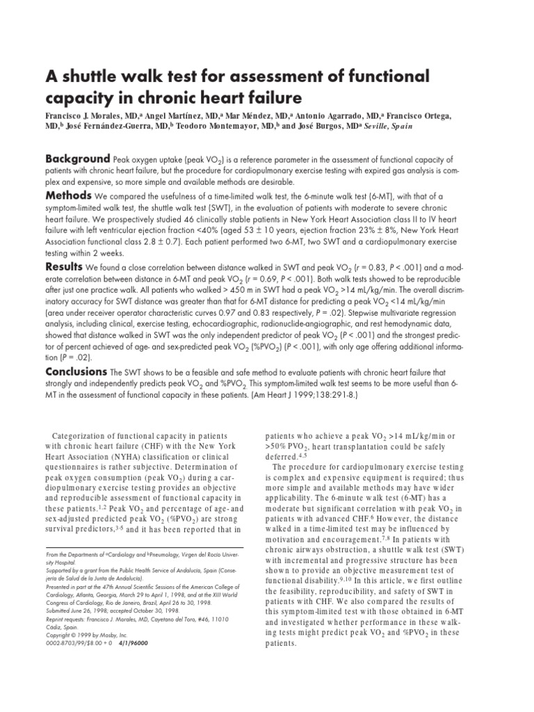 A Shuttle Walk Test For Assessment of Functional PDF | Download Free ...