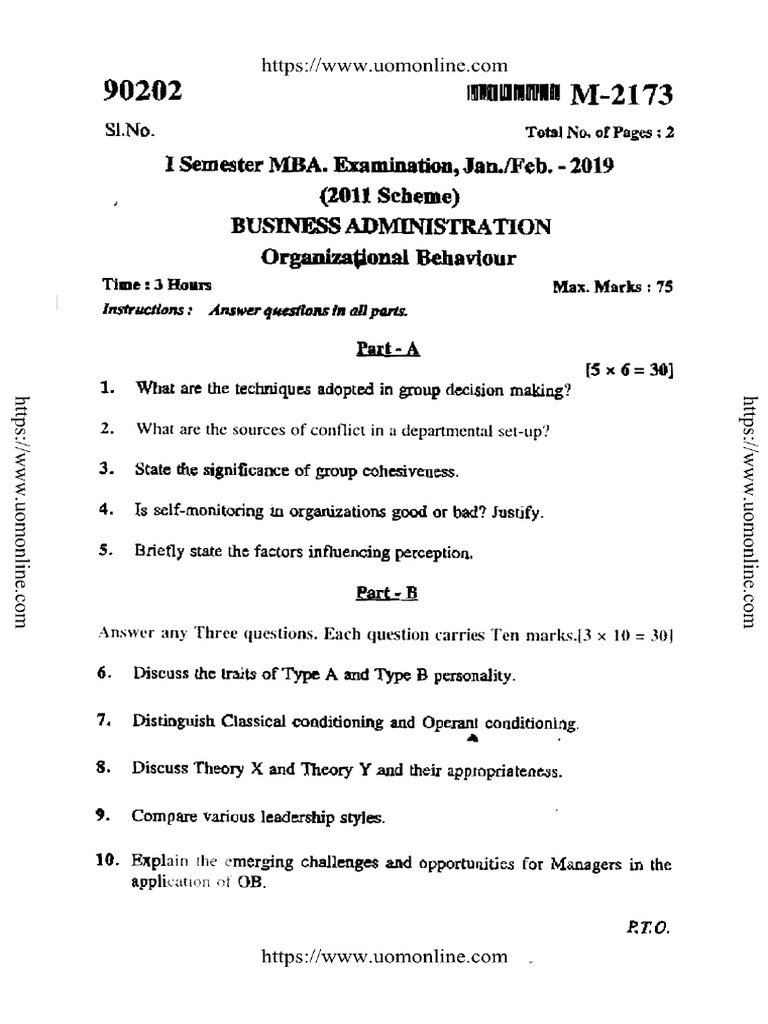 Mba 1 Sem Ba Organizational Behavior M 2173 Feb 2019 | PDF