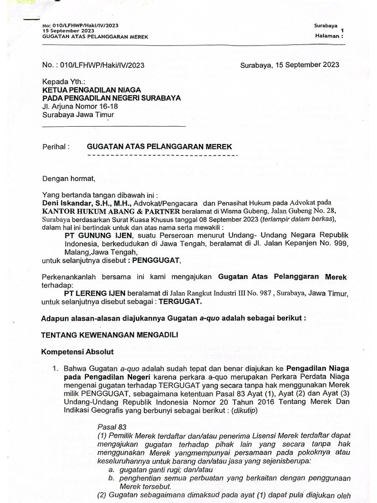 Gugatan Pelanggaran Merek | PDF
