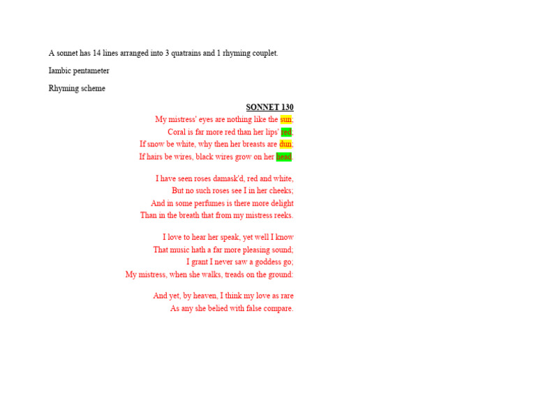 Analysis of Shakespeare's Sonnet 130 | PDF
