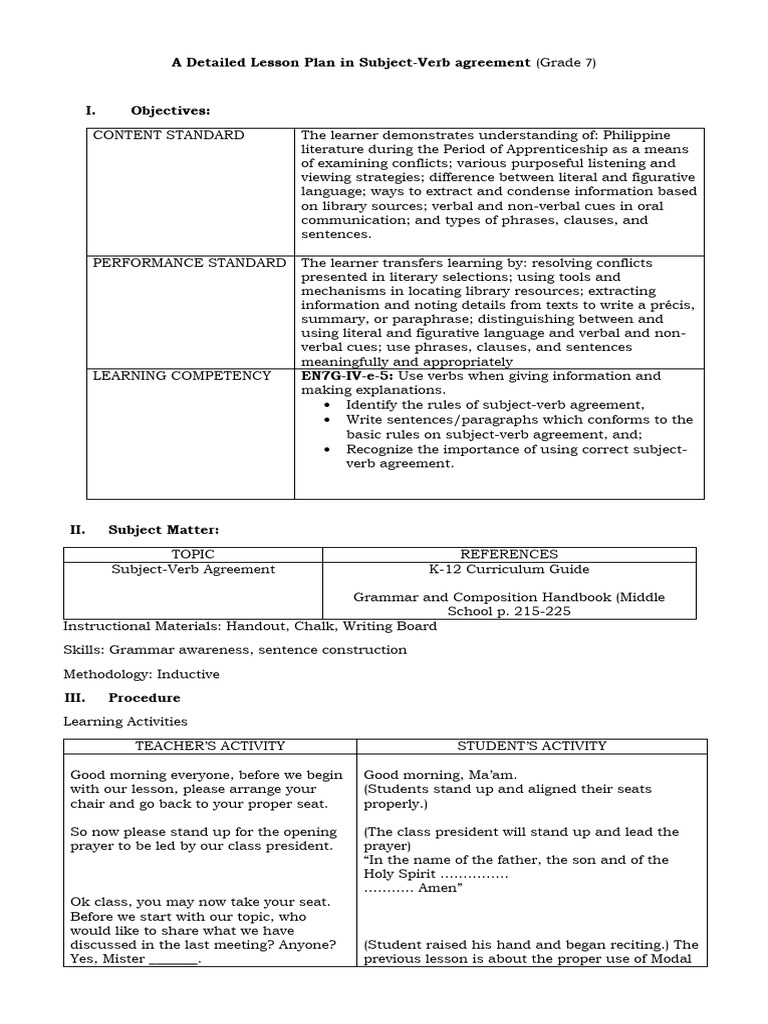 LESSON PLAN IN English 7 Subject-Verb Agreement (3 | PDF | Grammatical ...
