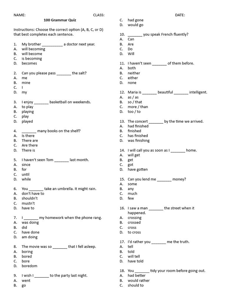 100 Grammar Quiz (Upper-Intermediate Level - B2) | PDF | Verb ...
