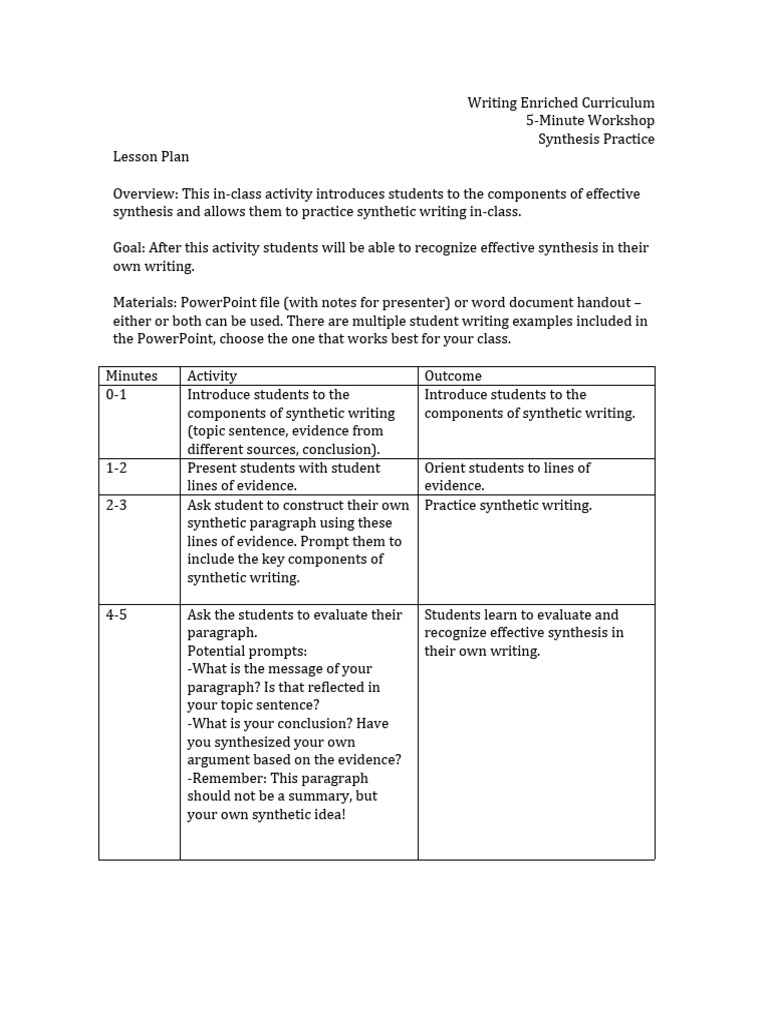 Synthesis Practice in Lesson Plans | PDF