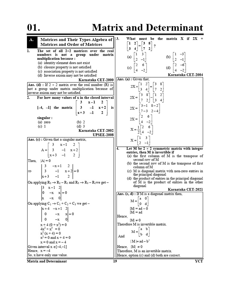 YCT IIT JEE Matrix & Determinant | PDF | Matrix (Mathematics) | Determinant