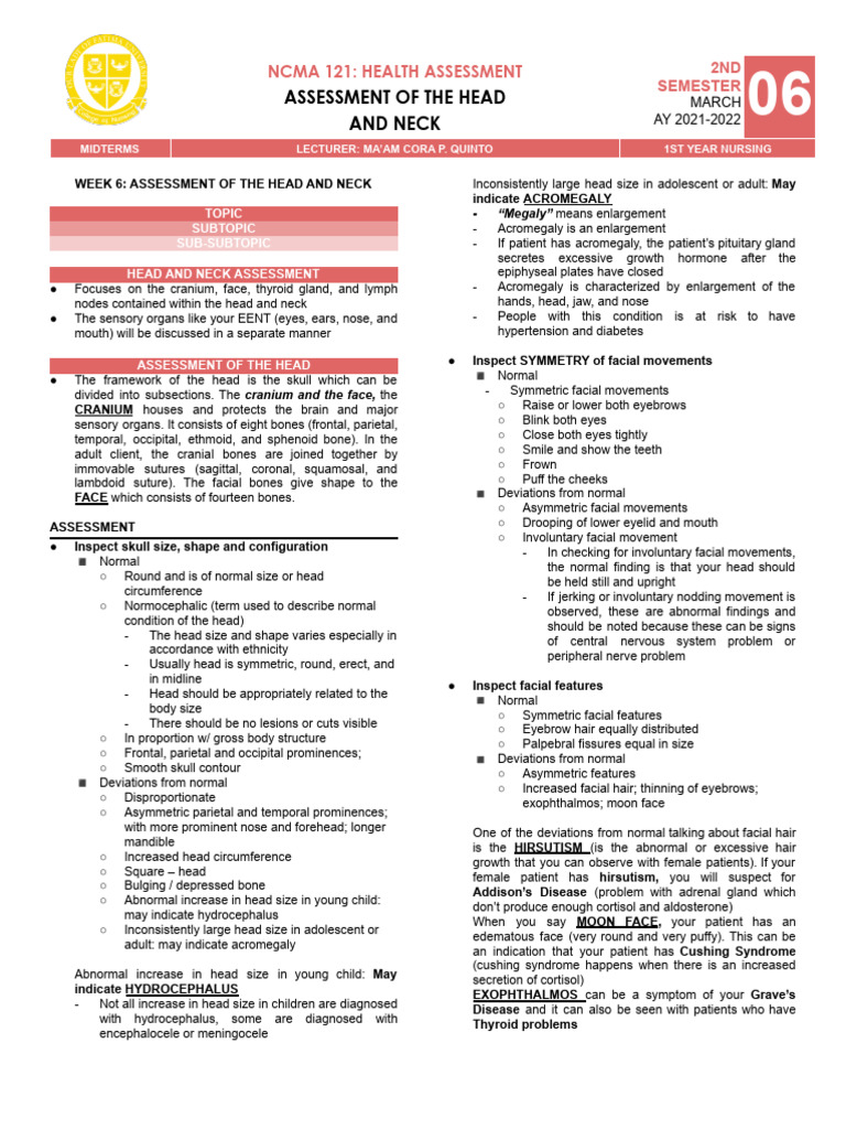 Week 6 - Assessment of The Head and Neck | PDF | Thyroid | Skull