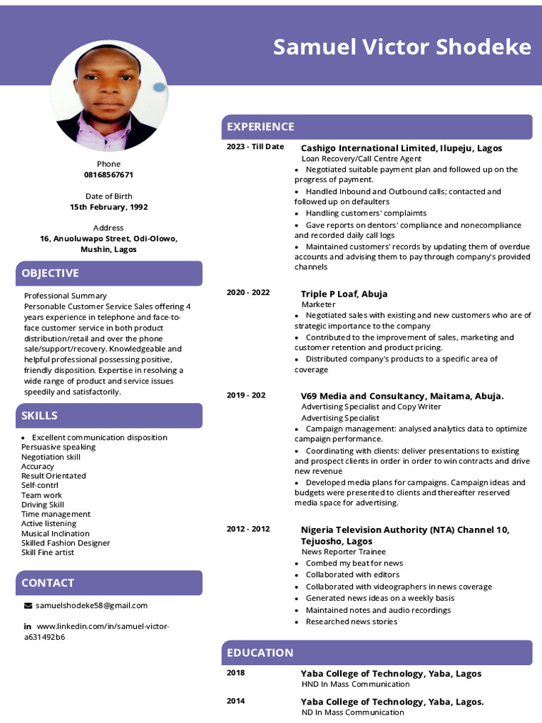 Samuel Resume 2024-1 | PDF | Sales | Call Centre