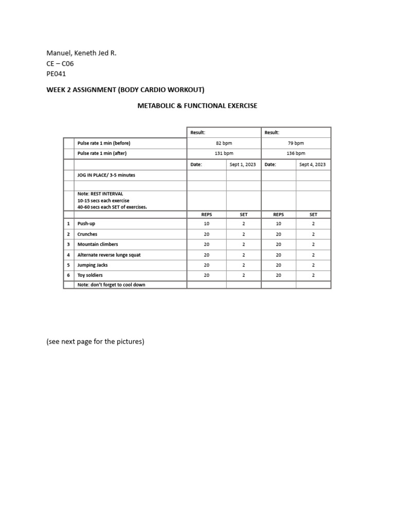 Body Cardio Workout Assignment Results | PDF