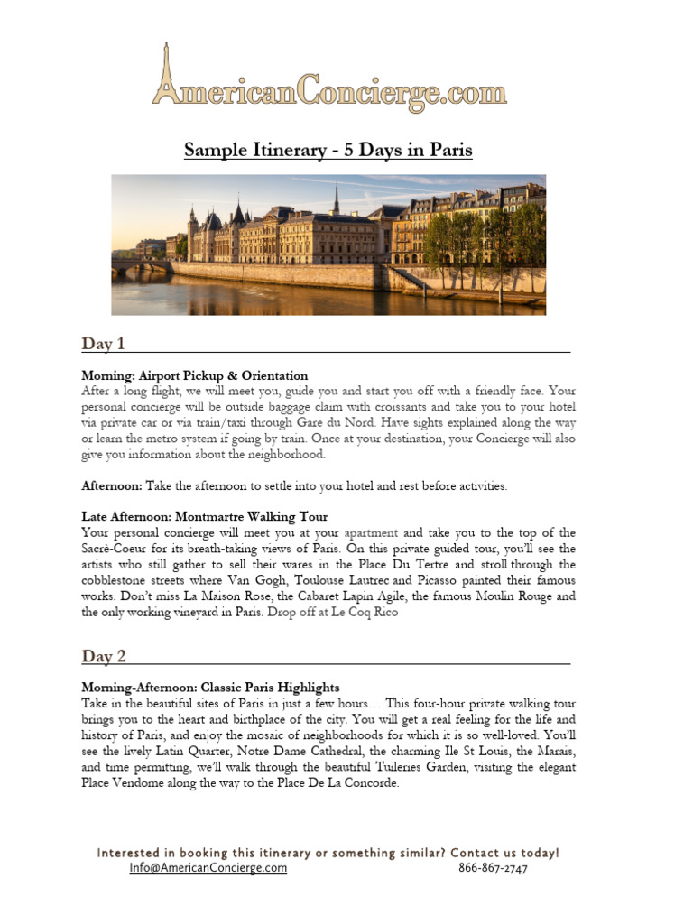 Sample Itinerary 5 Day Classic Paris 1 | PDF | Paris | Lunch