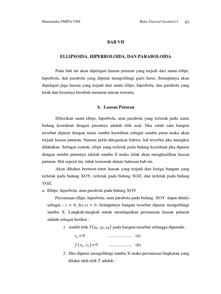 Bab VIII Ellipsoida, Hiperboloida, Paraboloida | PDF | Metode & Bahan Ajar