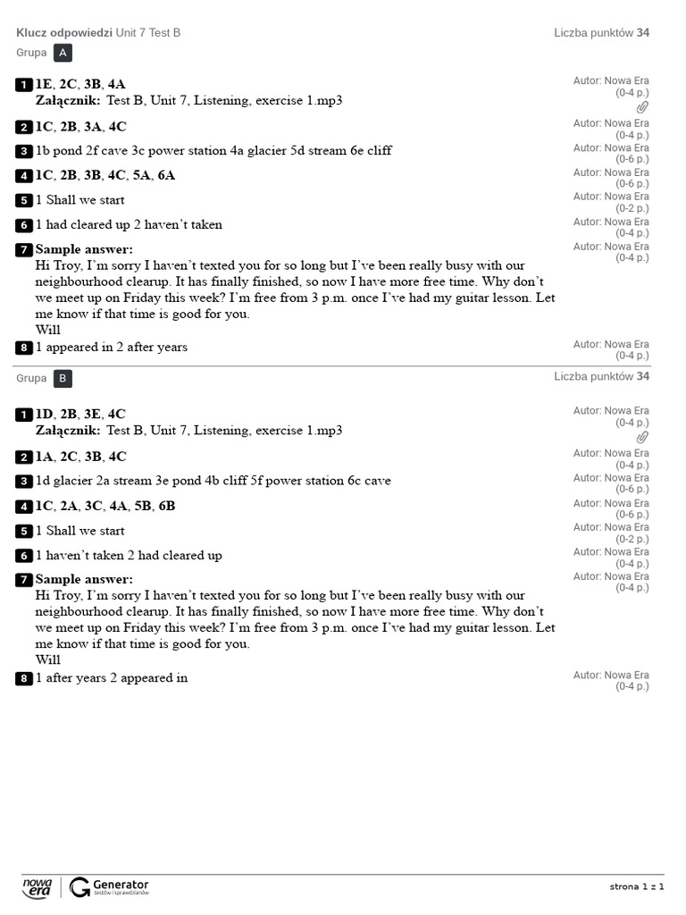 Unit 7 Test B Klucz Odpowiedzi | PDF