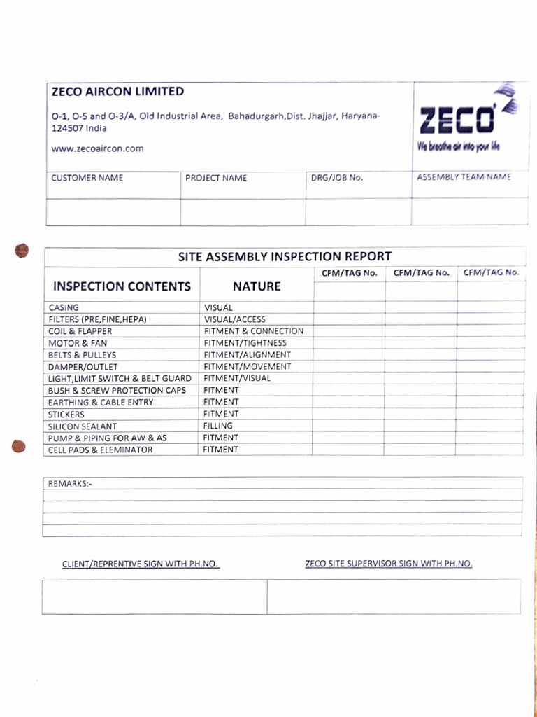 Zeco Aircon Site Assembly Inspection Report | PDF