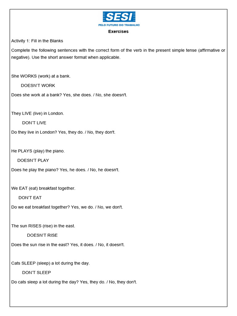 Present Simple - Affirmative, Negative and Short Answers | PDF ...