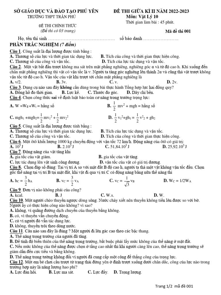 De Giua Hoc Ki 2 Vat Li 10 Nam 2022 2023 Truong THPT Tran Phu Phu Yen | PDF