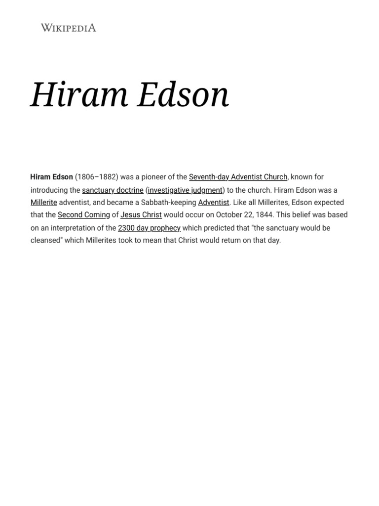 Hiram Edson - Wikipedia | PDF | Arminianism | Systematic Theology