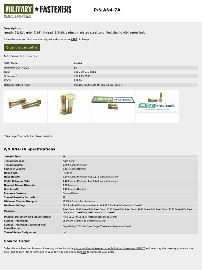 AN4-7A Bolt Specifications and Ordering | PDF | Screw | Metalworking