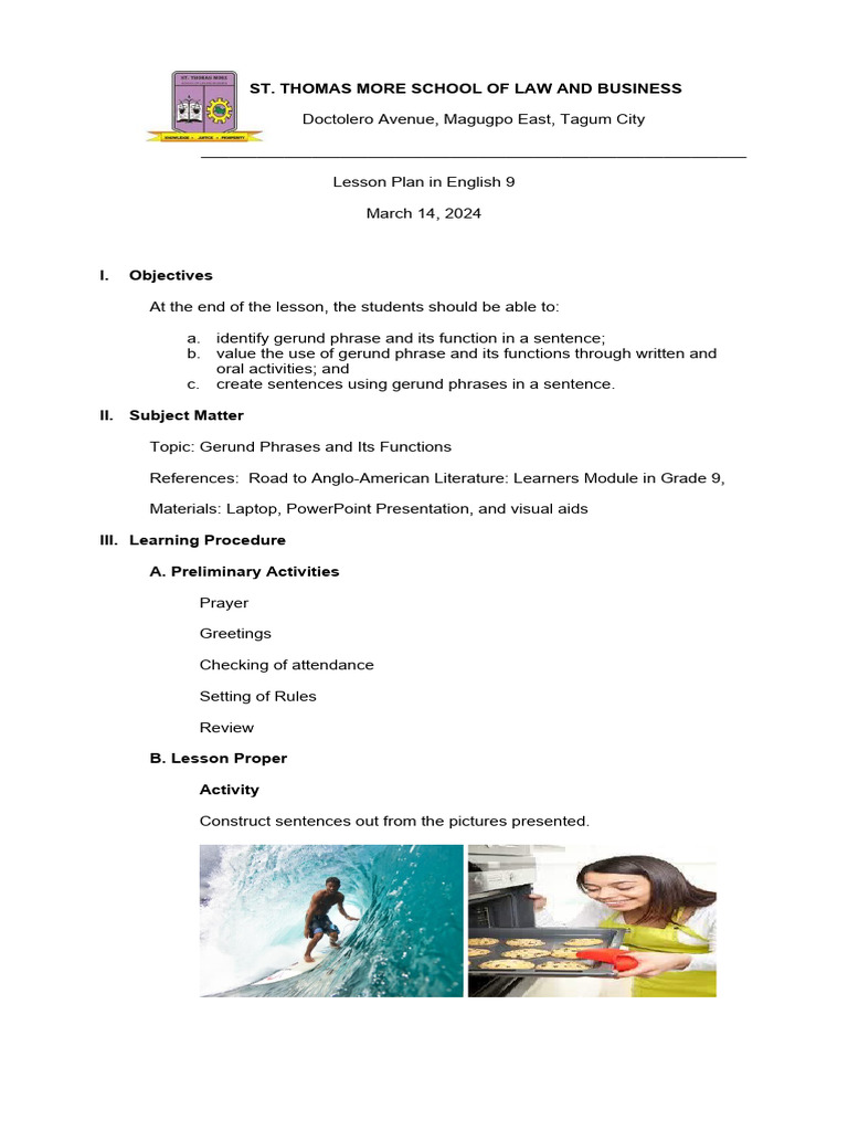 English 9 Lesson Plan: Gerund Phrases | PDF | Preposition And ...