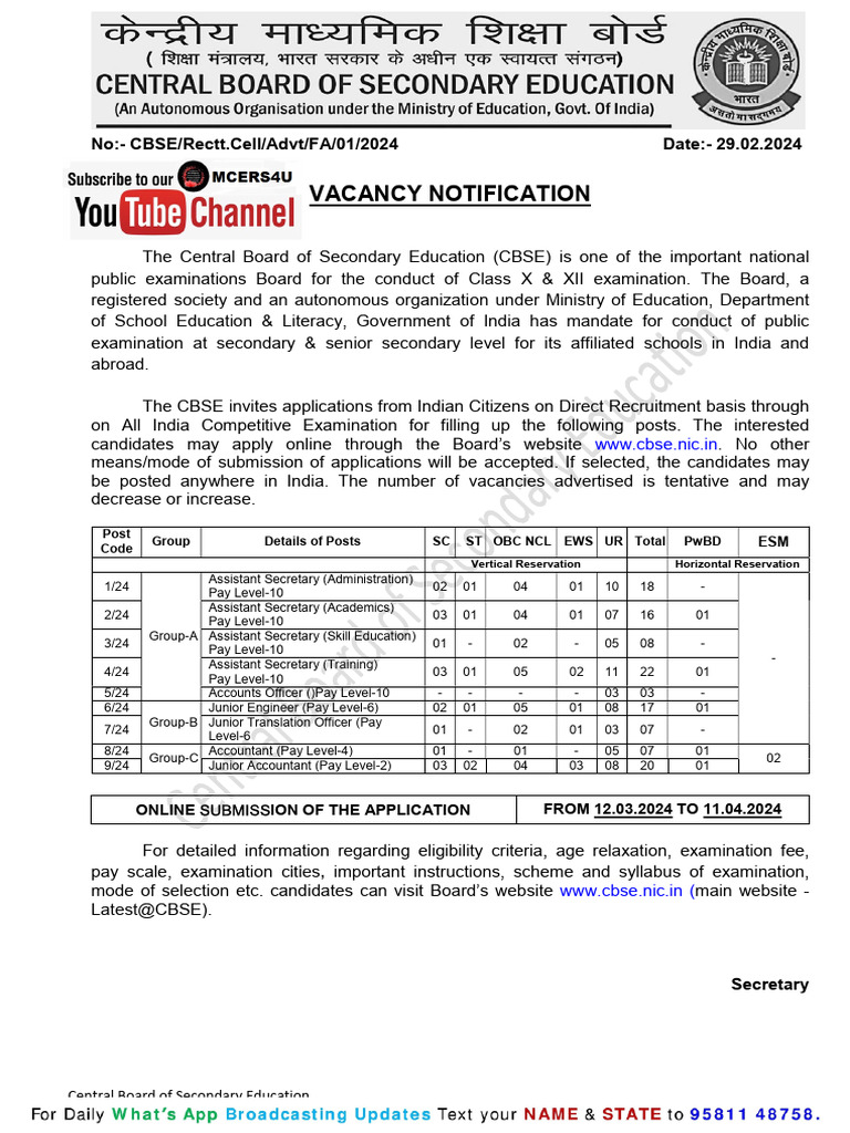 CBSE Group A, B & C Recruitment 2024 | PDF | Educational Stages