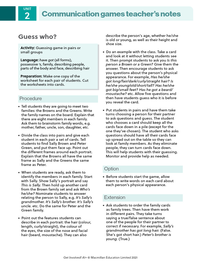 GI A1PLUS Communication Games U2 Teacher's Notes | PDF