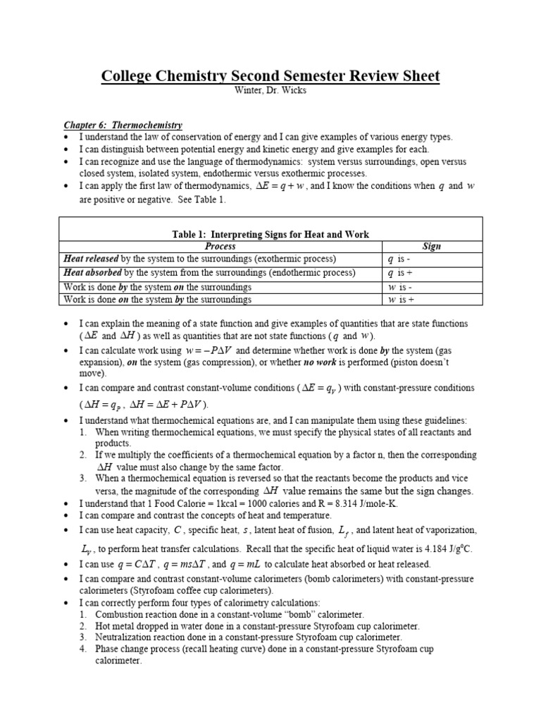 College Chemistry Thermochemistry & Quantum Review | PDF | Chemical ...