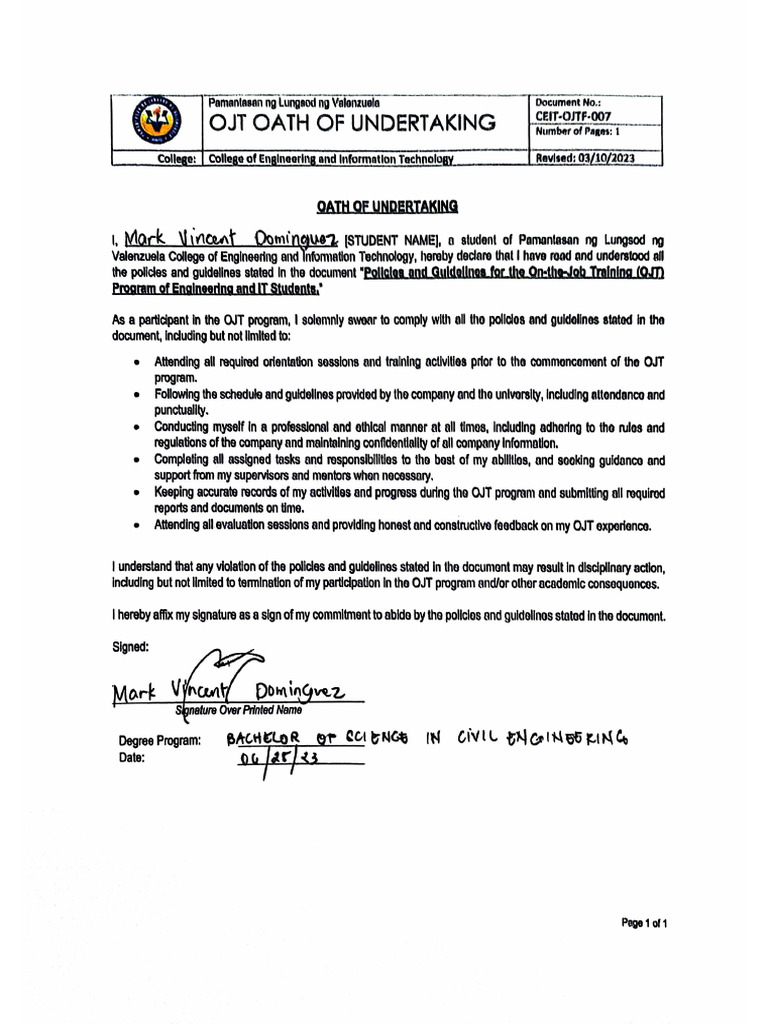 Ojt Oath of Undertaking | PDF