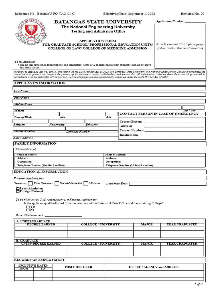 BatStateU FO TAO 01 C Application Form For GS PEU COL COM Admission Rev. 02 | PDF | Medical ...
