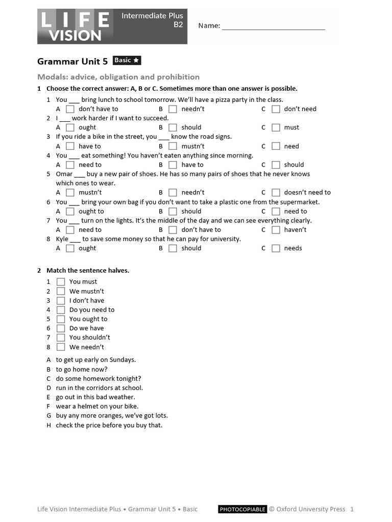 LV Int Plus U5 Grammar Basic Worksheet | PDF
