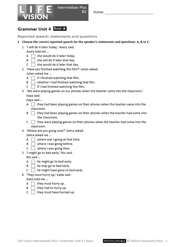 LV_Int_Plus_U4_Grammar_Basic_Worksheet | PDF | Verb | Languages
