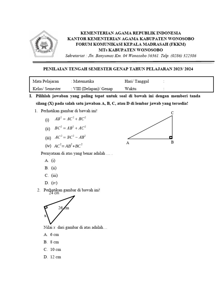 MTK SOAL KERTAS PTS GENAP KELAS 8 - Zannie Mufid | PDF