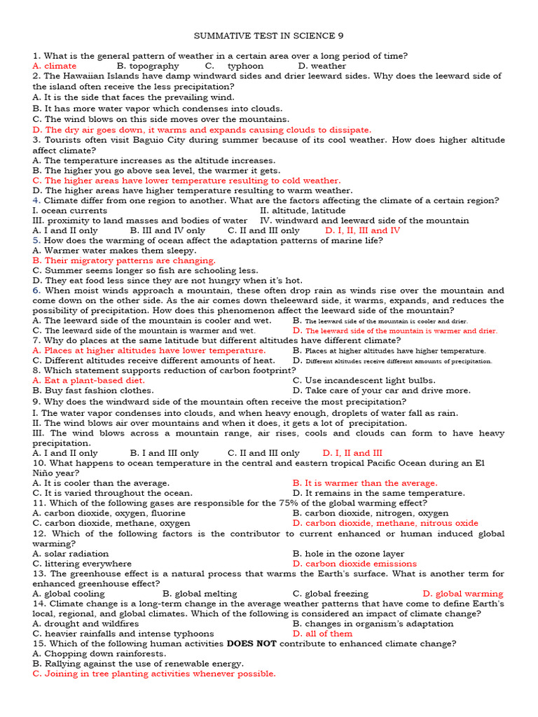 Science 9 Summative Test on Climate Concepts | PDF | Climate Change ...