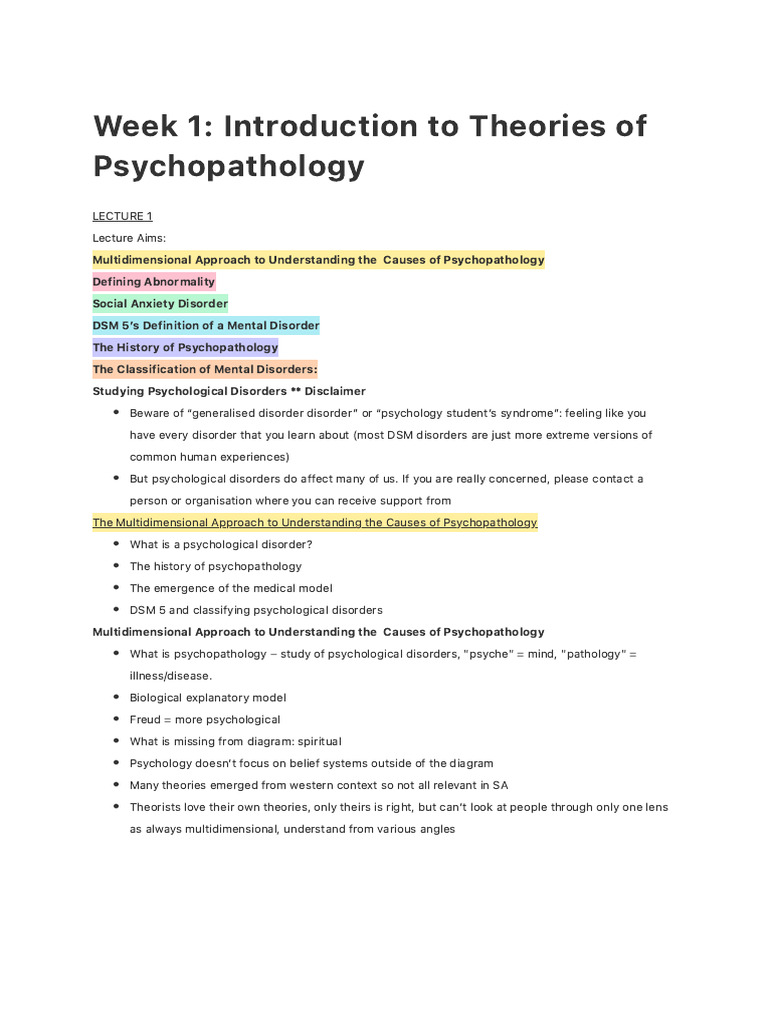 Week 1 Introduction To Theories of Psychopathology | PDF | Attachment Theory | Mental Disorder