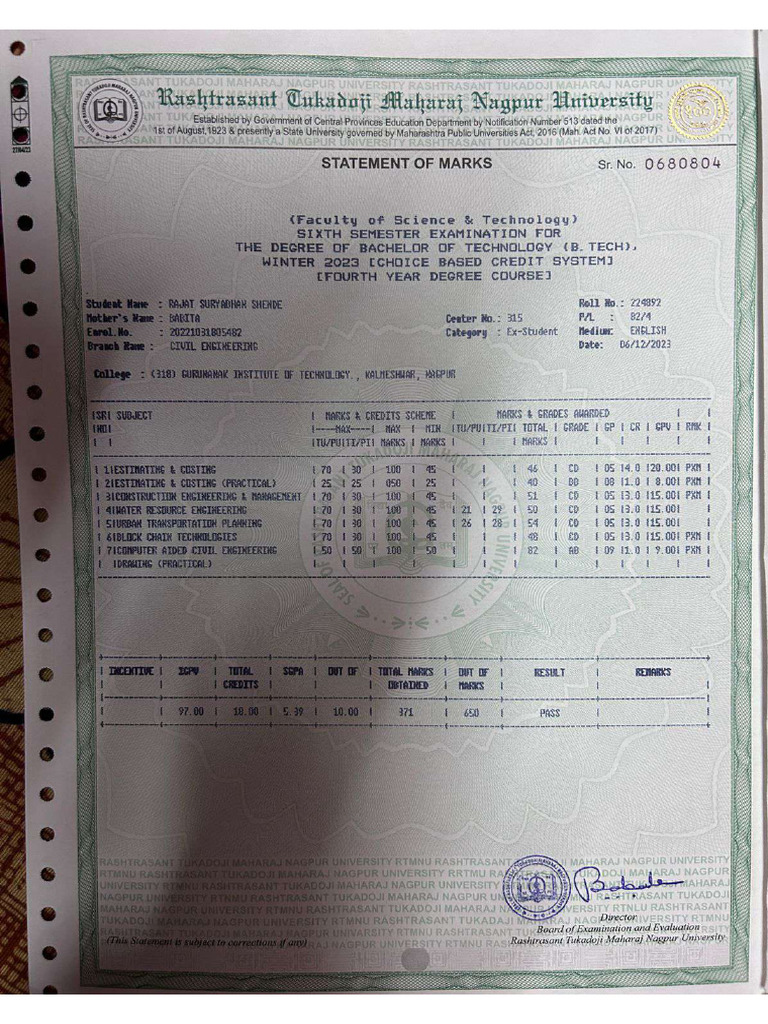 6th Sem Marksheet | PDF
