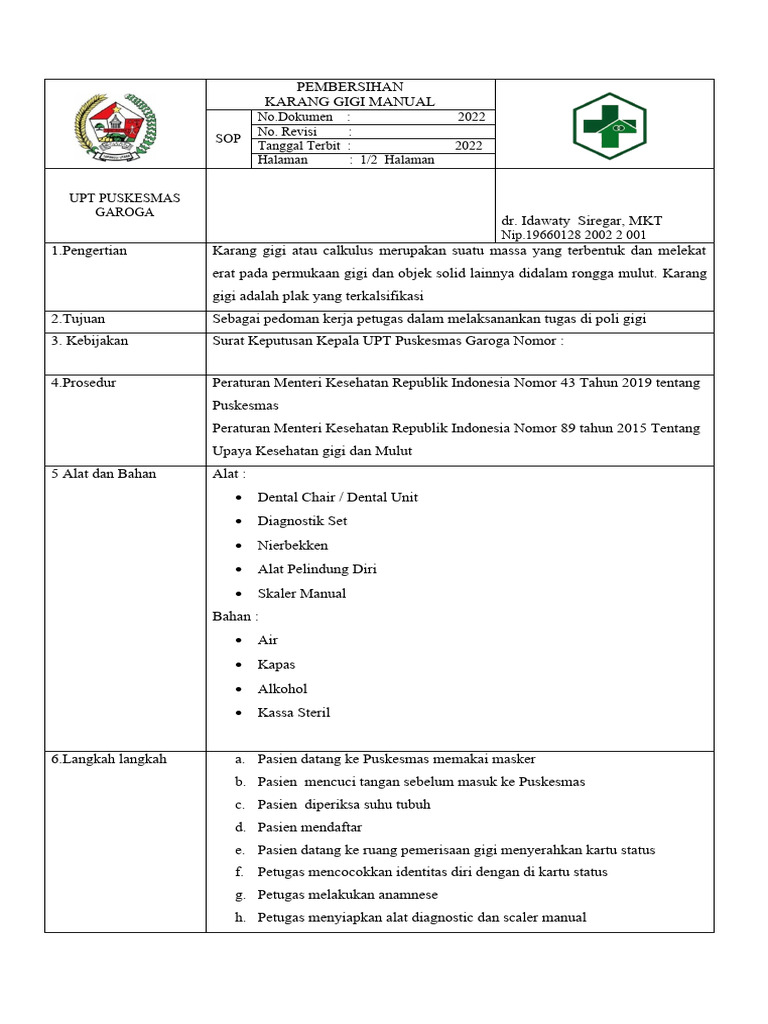 Sop Pembersihan Karang Gigi | PDF | Kesehatan Holistik | Sains & Matematika