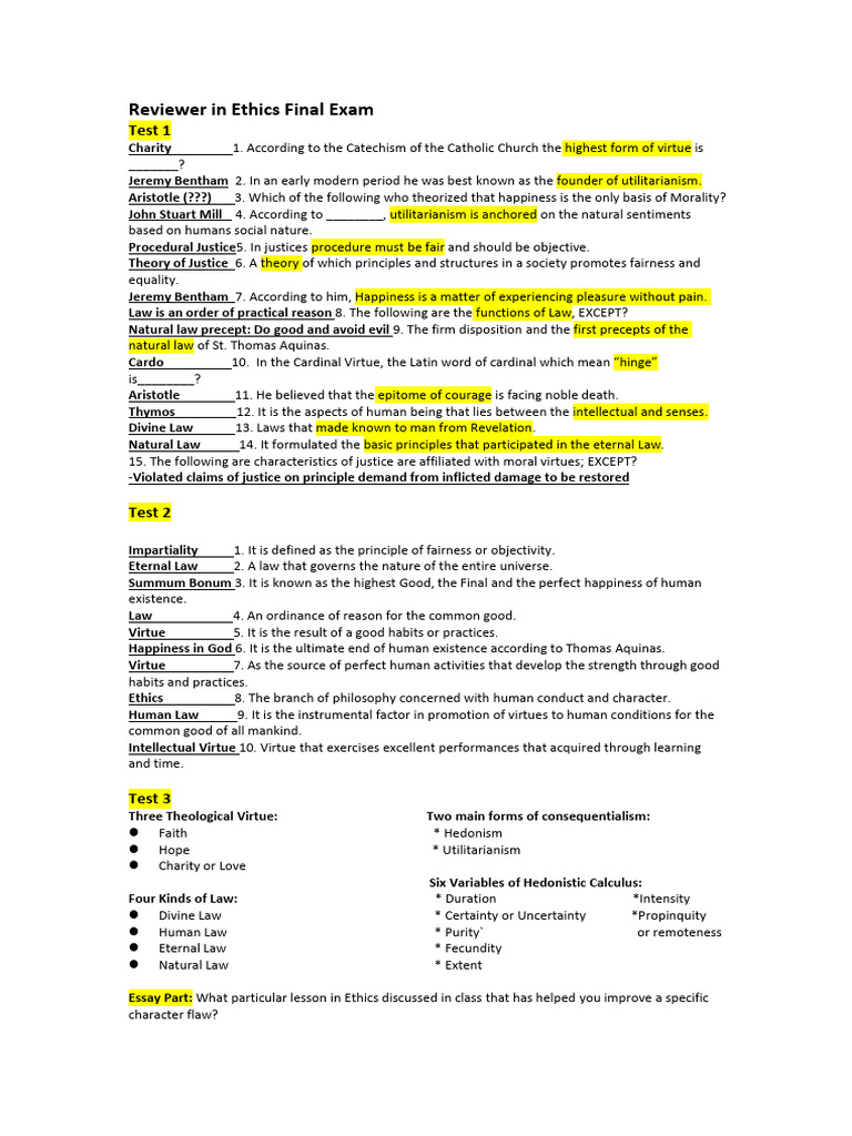 Reviewer in Ethics Final Exam | PDF | Natural Law | Utilitarianism