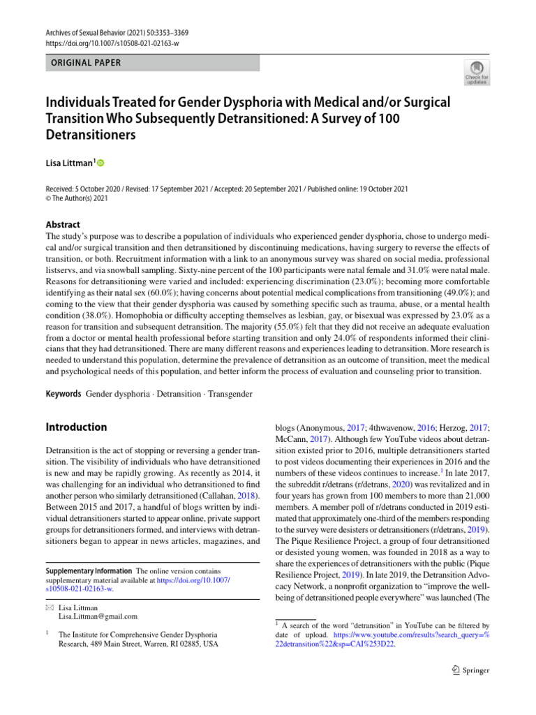 Detransitioning After Gender Dysphoria | PDF | Transgender | LGBTQIA+ ...