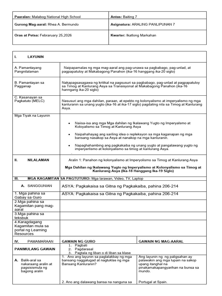 Lesson Plan For 2 Yugto Checked | PDF