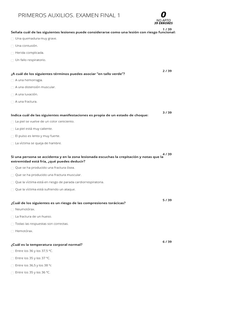 Examen Final de Primeros Auxilios | PDF | Reanimación cardiopulmonar | Primeros auxilios