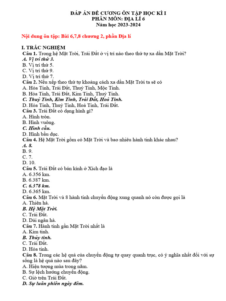 Địa 6. Đáp án Đề cương ôn tập HK1 | PDF