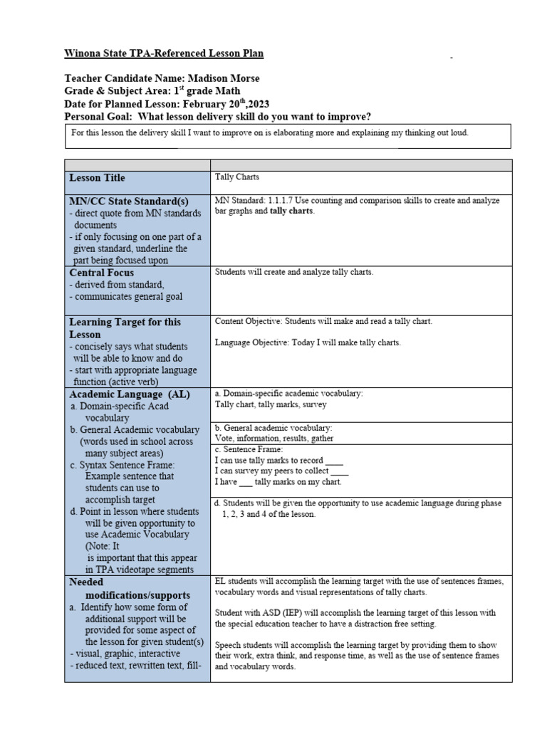 Tpa Lesson Plan Template 2 0 1 002 | PDF | Vocabulary | Question