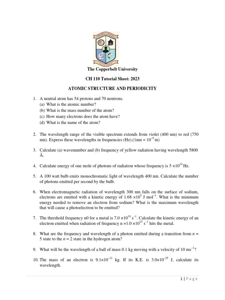 CH 110 Tutorial On Atomic Structure and Periodicity | PDF | Electron Configuration | Atomic Orbital