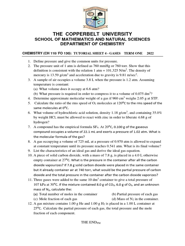 Tutorial Sheet 4 - GASES. CH 110 2022 | PDF | Gases | Pressure