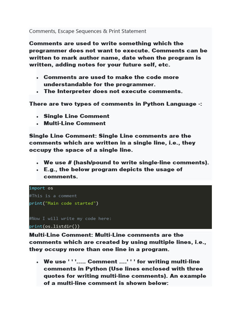 Python Comments, Print, and Escape Sequences | PDF | String (Computer Science) | Software ...