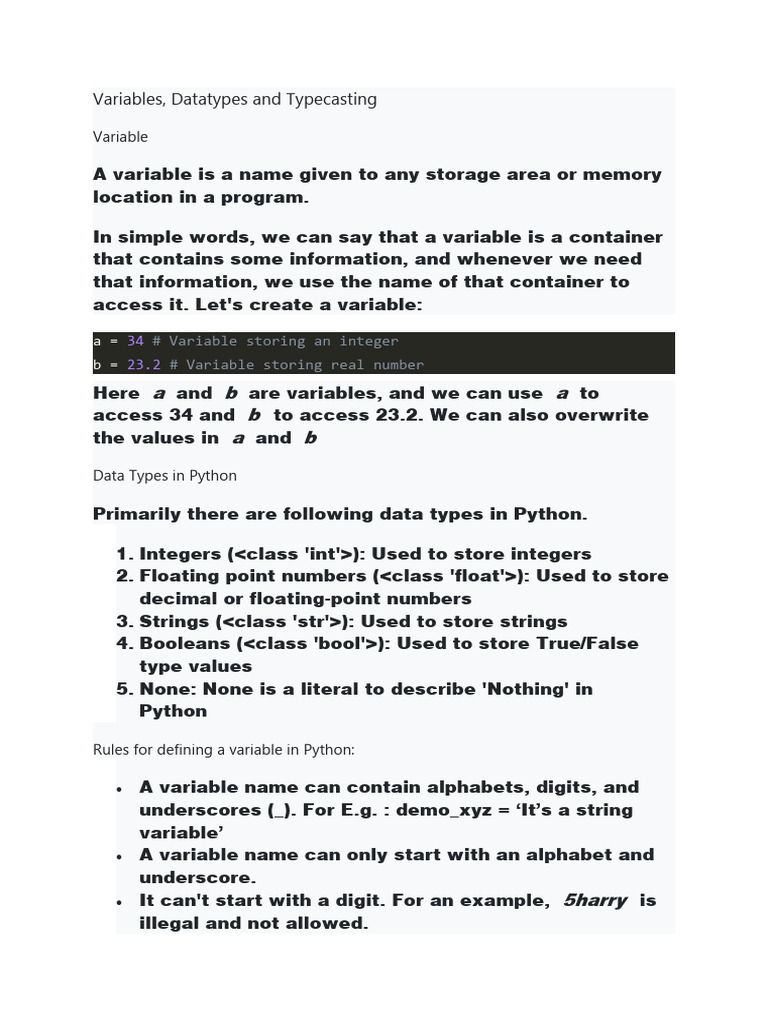 Python Variables and Typecasting Guide | PDF | Data Type | Variable ...