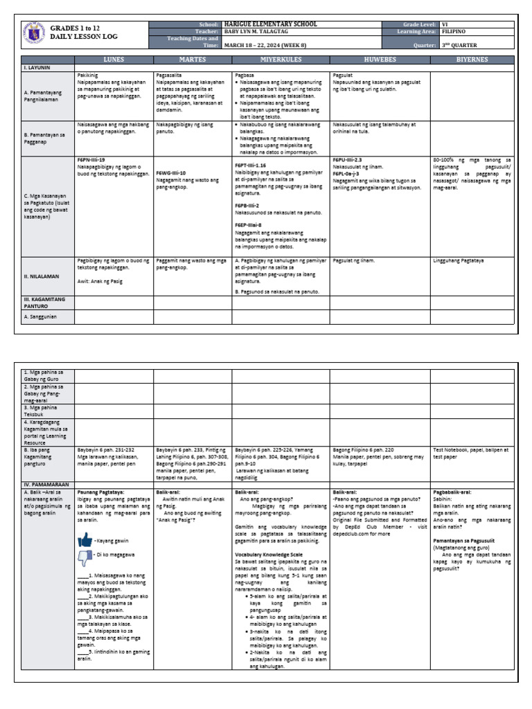 DLL Filipino 6 q3 w8 | PDF