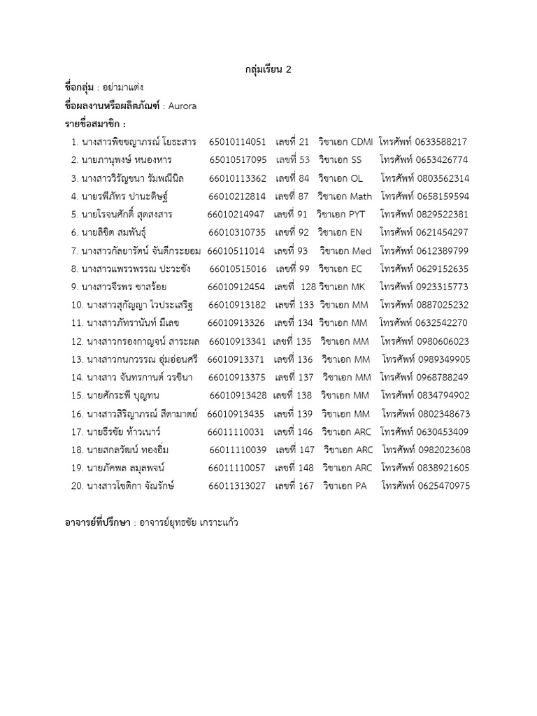 รายงานผลิตภัณฑ์ aurora กลุ่มอย่ามาเเต่ง sec2 | PDF