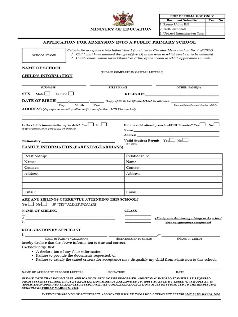 Application Form Admission Into Infant Year 1 2024 | PDF | Birth ...