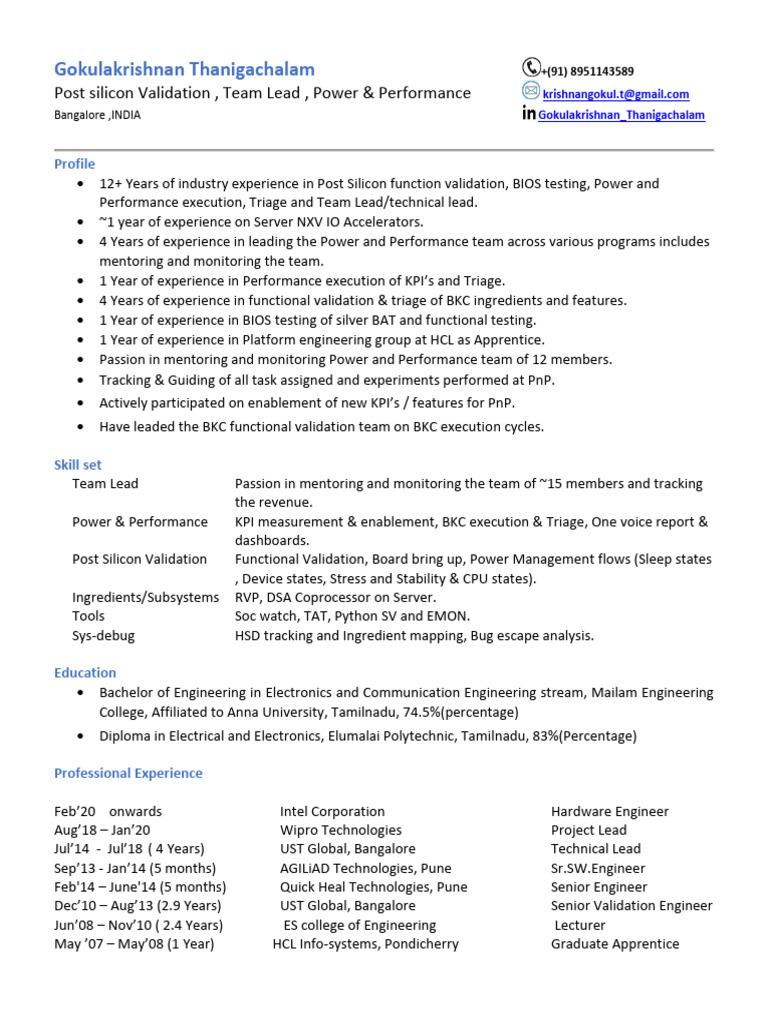 Resume Gokulakrishnan Thanigachalam 12yrs Experience | PDF | System On A Chip | Computing