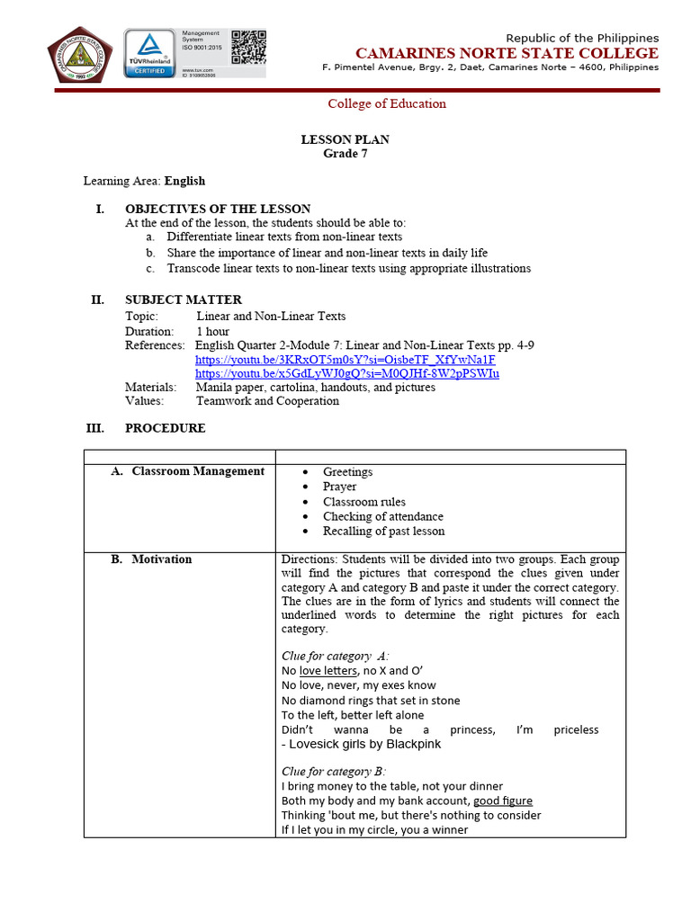 Grade 7 English Lesson Plan | PDF